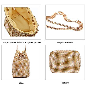 Vgift Evening Purse Women, Rhinestone Bucket Bag Crystal Purse for Wedding Party, Gold