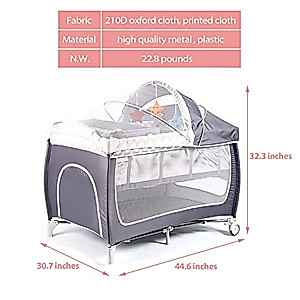 SoQte Foldable Luxury Nursery Baby Center, Multi Functional Movable Bed with Removable Diaper Table, Bed Net, Lovely Toys, Storage Bag, Portable Travel Crib with Wheels
