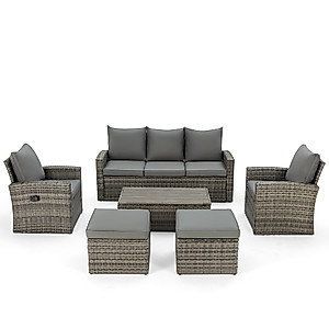 GYUTEI 6 Piece Patio Furniture Set, Outdoor Sectional Conversation Rattan Sofa Set with Ottoman and Outdoor Storage Table for Garden, Porch, Backyard(Grey)