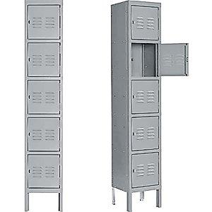 Pataku Metal Lockers for Employees, 5 Tier Storage Locker Cabinet, Steel Lockers 5 Lockable Doors for School, Gym, Office, Home(Grey,5-Tier)