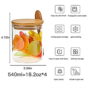 JOUALY 4-Pack Glass Food Storage Jar 18.2 oz,100% Sealed Borosilicate Glass Bamboo Glass Jars with Bamboo Lid and Bamboo Spoon for Candy, Spices, Coffee Beans, Nuts, Condiments, Cookies, Flour,Tea