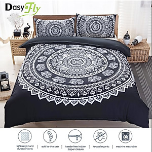 DasyFly 3 Piece Bohemian Duvet Cover Sets Queen Size Mandala Elephant Boho Chic Bedding Duvet Cover Sets for Aducts Boys Girls Black White