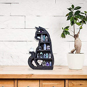 Moon and Cat Crystal Wall Shelf, Wood Crystal Display Moon and Cat Wall Decora for Crystals and Essential Oils, Beautiful Crescent Moon Shelf for Living Room, Bedroom, Office - Cat-Shaped Room Decor