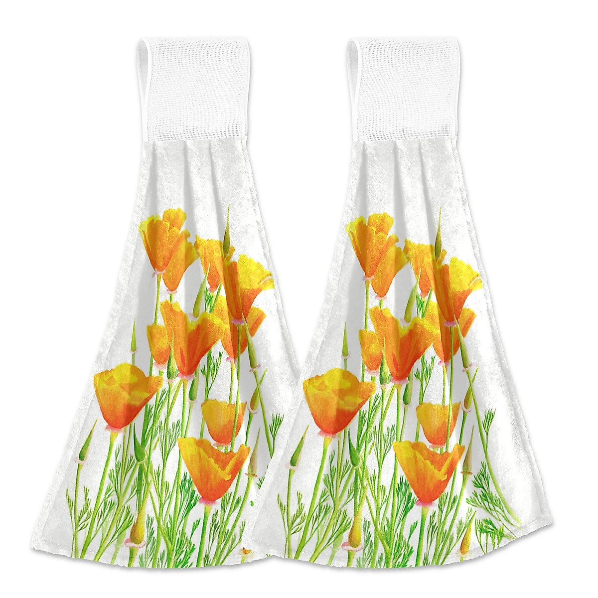 Aslsiy Yellow Orange Poppies Hanging Kitchen Towels Spring Wildflowers Bathroom Hand Tie Towel Fast Drying Dish Tea Towels for Bath Tabletop Gym Home Decor Set of 2