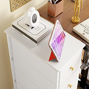 Fixwal Narrow Storage Cabinet, Narrow Nightstand Dresser with 4 Drawers, Slim Fabric Dresser Storage Tower for Small Spaces, White Dresser, for Bedroom, Bathroom, Living Room, Laundry, Closet