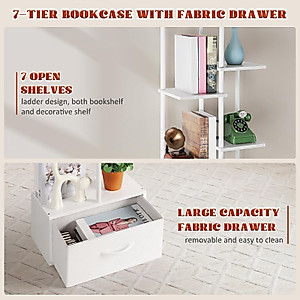 Vrisa 7 Tier Bookshelf with Storage Bookcase with Fabric Drawer Morden Book Shelf Wood Display Shelf Storage Organizer Freestanding Open Shelf Unit for Living Room, Bedroom, Home Office, White