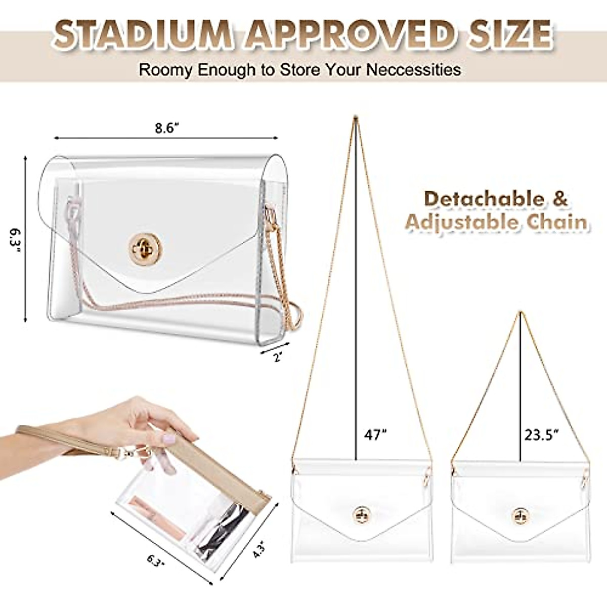 Youshuo Clear Purse for Women Stadium Approved, Clear Crossbody Bag, 2PCS Cute Purses with Chain & Wristlet for Sports Prom Concert Party Present