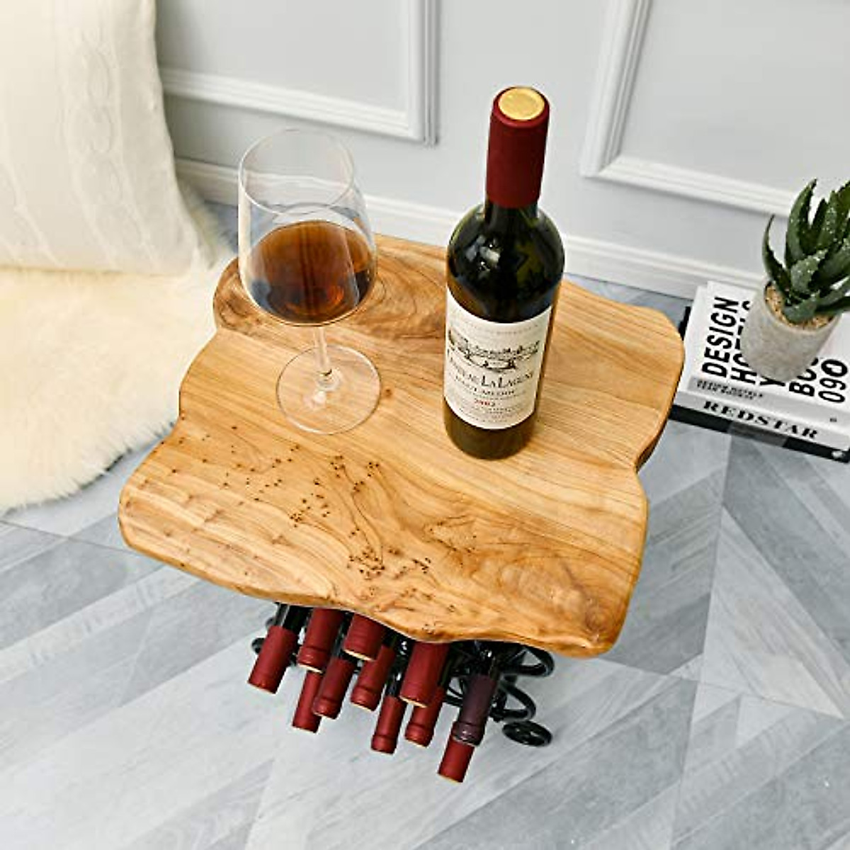 WELLAND Wine Rack End Table, Freestanding Small Wine Console Table, 13 Bottles Rustic Wine Stand Storage Organizer Display Rack | Metal & Natural Edge Cedar Wood Top | 13.8" W x 7.3" D x 20.1" H