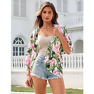 BB&KK Women's Floral Leaf Kimono Cover Ups Plus Size Hawaiian Shirts Tops Tropical Boho Outfits Chiffon Sheer Summer Cardigans Shawls Wraps White 3X-Large