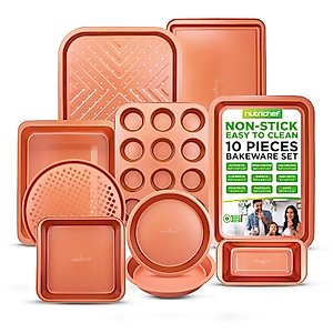 NutriChef 10-Piece Nonstick Oven Baking Pan Set - Premium Carbon Steel Bakeware w/Cookie Sheets, Loaf & Cupcake Pans, Perforated Crisper Pans, Round & Square Roasting Pans, Easy to Clean - Copper