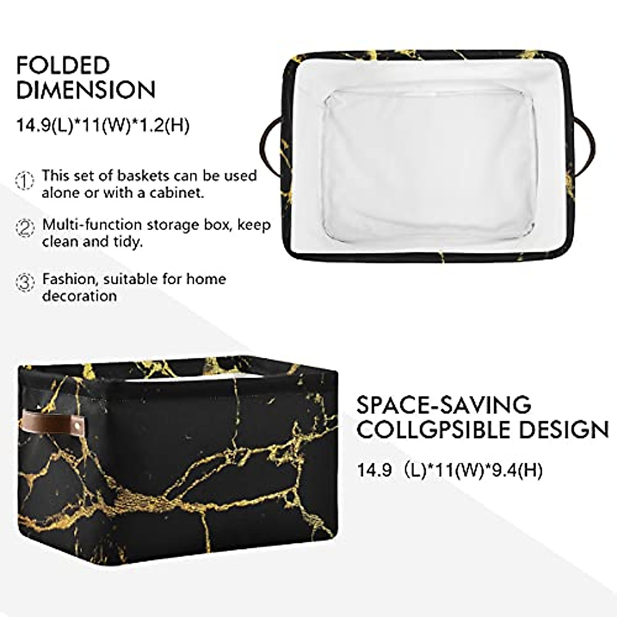 TSENQUE Large Canvas Storage Bins, Marble Black Gold Kid's Storage Box, for Toy Storage Basket Nursery Storage Containers