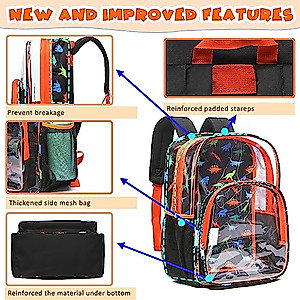 BLUEFAIRY Boys Clear Backpack Heavy Duty Stadium Approved Dinosaur Transparent Backpack Plastic See Through Bag for Kids for School Travel Gifts (Large Orange)