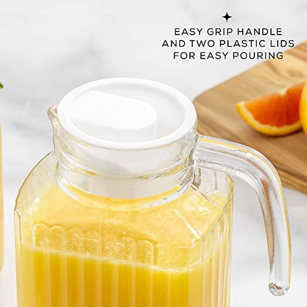 JoyJolt 60oz Glass Pitcher with Lid (2 Lids) - Beverage Serveware and Storage Container for Hot Liquids or Cold Drinks. Fridge Pitcher, Juice Container, Water Jug, Iced Tea Pitcher or Milk Pitcher