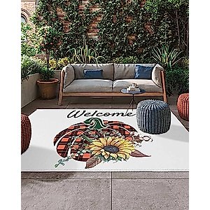 Farm Thanksgiving Buffalo Plaid Pumpkin Sunflower Cotton Outdoor Area Rug 4x6ft,RV Camping Rugs White Outside Mat Rubber Backing Carpet for Indoor Outdoor Patio Deck Porch Balcony