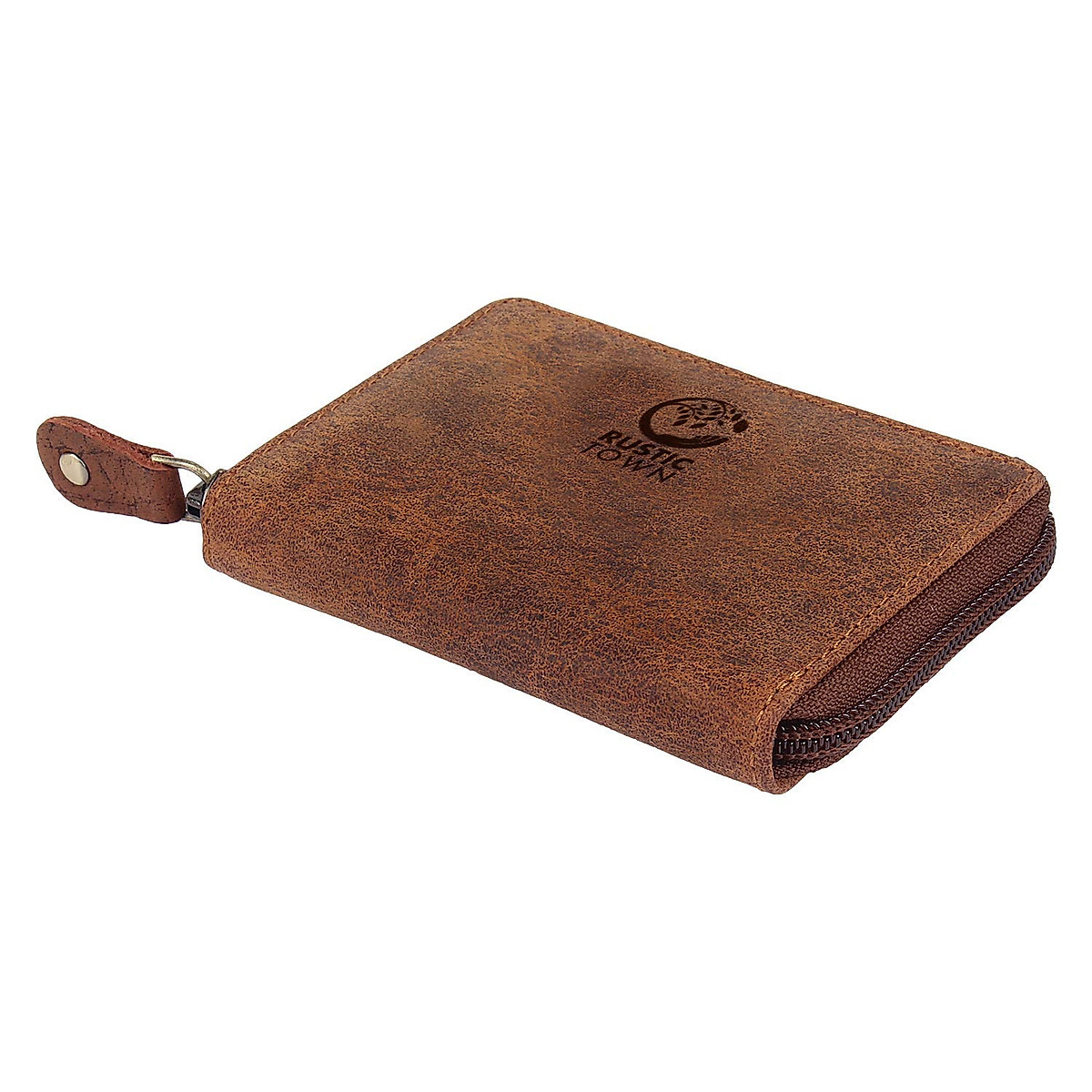 RUSTIC TOWN Leather Key Case Holder - Zippered Key Organizer Wallet with 8 Hooks for Keys, Cash, and Card - Gift for Men and Women (Brown)