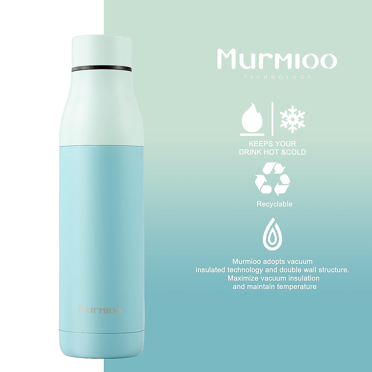 Murmioo sports water bottle, stainless steel vacuum Flask cold for 24 hours, hot for 12 hours, insulated 、BPA Free, suitable for cycling, camping, office 22oz/650ml Blue