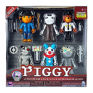 PIGGY Action Figure 6 Pack - Six 3.5" Articulated Buildable Toys, Officer Doggy, Billy, Memory, Robby, Clowny, & Frostiggy, 9 Accessories, Series 2, includes DLC