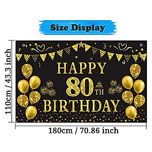 Trgowaul 80th Birthday Backdrop Gold and Black 5.9 X 3.6 Fts Happy Birthday Party Decorations Banner for Women Men Photography Supplies Background Happy Birthday Decoration