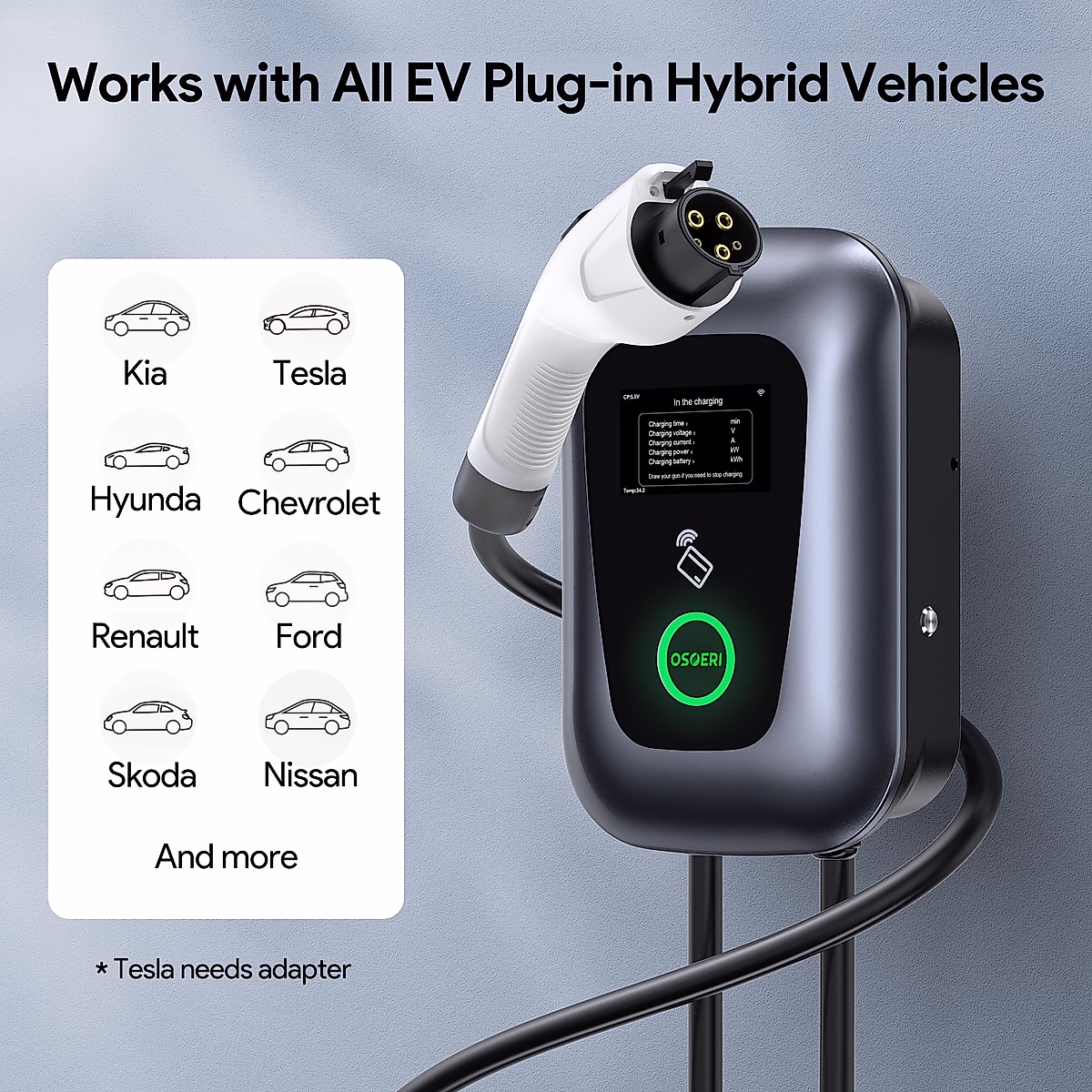 Osoeri EV Charger, Level 2 Smart Electric Vehicle(EV) Charger 48A 240V 11.5KW, NEMA 4 Rating 14-50P, ETL FCC Listed Indoor/Outdoor EVSE J1772 Car Charging Station with APP RFID Cards, 24ft Cable
