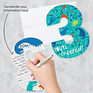 Big Dot of Happiness 3rd Birthday Roar Dinosaur - Shaped Fill-In Invitations - Three Rex Dino Third Birthday Party Invitation Cards with Envelopes - Set of 12