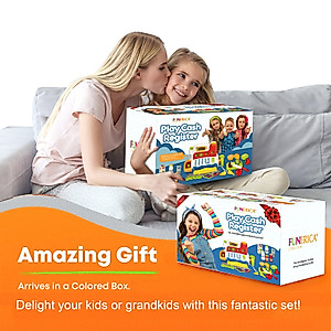 FUNERICA Toy Cash Register with Scanner, Microphone, and Interactive Calculator. Includes Grocery Food, Cuttable Fruit, Pretend Play Money - for Toddlers and Kids