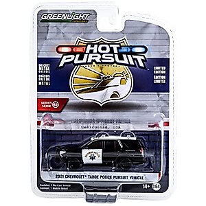 2021 Chevy Tahoe Police Pursuit Vehicle (PPV) Black & White California Highway Patrol Hot Pursuit 1/64 Diecast Model Car by Greenlight 43010 F