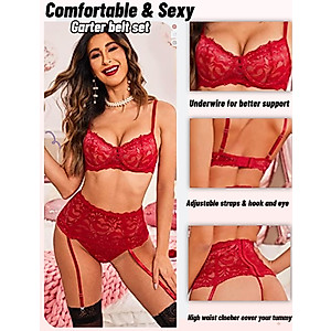 Avidlove Women Lingerie Set High Waisted Underwire Lingerie with Garter Belt Lace Babydoll Pure (Red,Large)