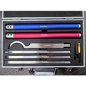 Roartisa Carbide Tipped Wood Lathe Turning Tools Set, Full Size Rougher Finisher Swan Neck Hollowing Tools and Interchangeable Aluminum Alloy Grip Handle with Diamond Round Square Carbide Inserts