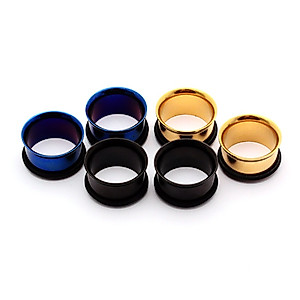 Mystic Metals Body Jewelry Set of 3 Pairs Single Flare Steel Tunnels (Gold, Blue, Black) (7/16" (11mm))