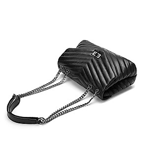 EvaLuLu Leather Quilted Chain Shoulder Bag Designer Women Flap Handbags (Medium, Black)
