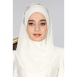 Aisha's Design Chiffon Hijab Shawl for Women Muslim, Turban Scarf with Lace Accessories, Off-White-Silver