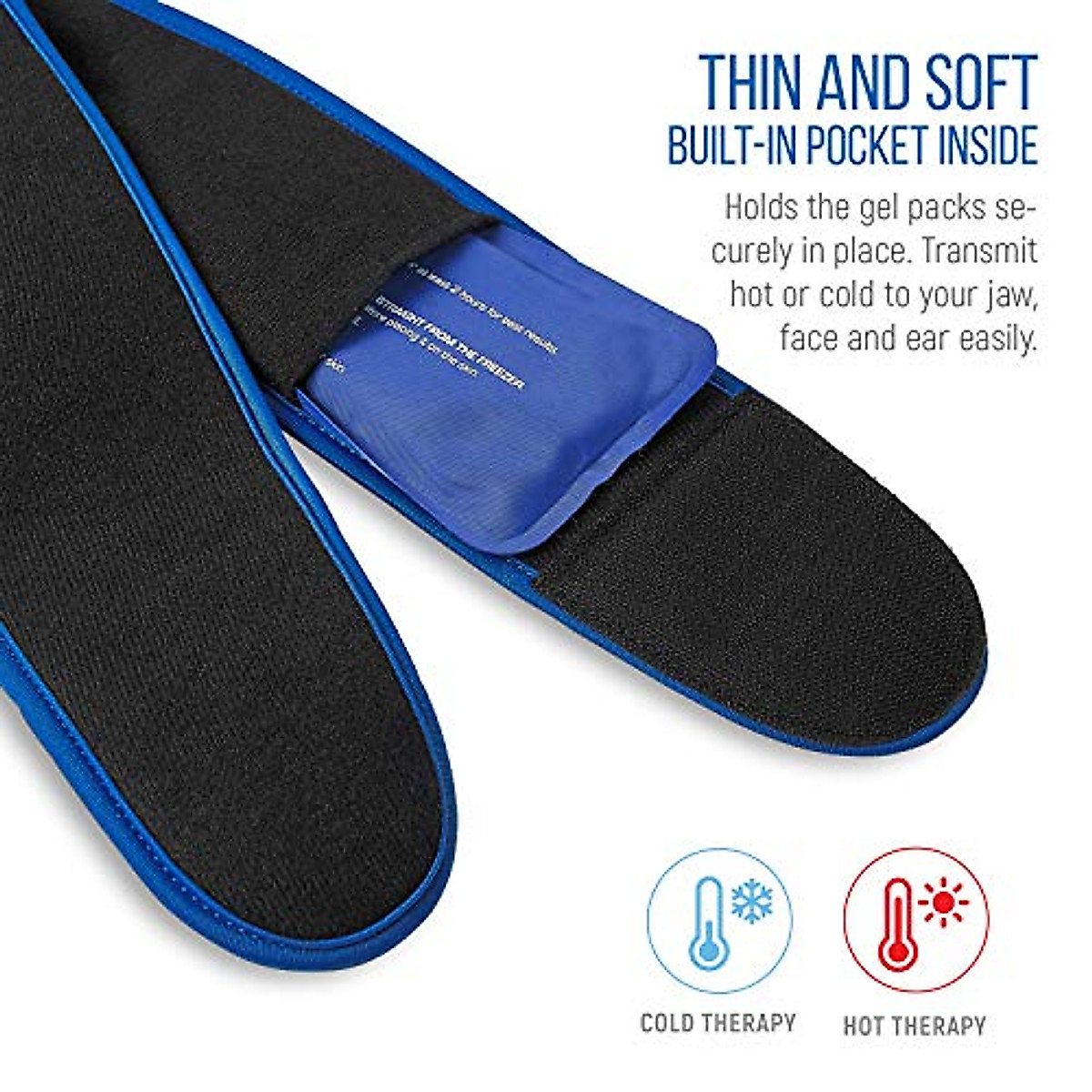 Face Ice Pack - Use as Wisdom Teeth Ice Pack, TMJ Relief Products, Jaw Pain - Hot & Cold Therapy for Chin, Headaches, Post Surgery Treatment - Adjustable Face Wrap Includes 4 Gel Packs