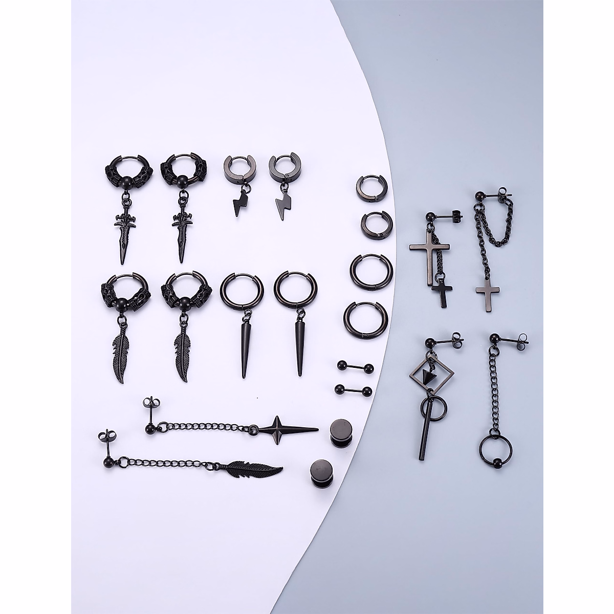 Fiasaso 22Pcs Dangle Earrings for Men Stainless Steel Hinged Hoop Earrings Long Chain Stud Cross Dangle Earrings Set Kpop Earrings for Mens Black