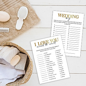 60 Pcs Gold Bridal Shower Game for Guest, Wedding Engagement Party Supplies, Included 4 Games - I Love You around World, He Said She Said, Wedding Shoe Game, Wedding A-Z, Double-sided