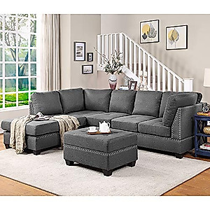 Eafurn L Shaped Sectional Sofa with Reversible Chaise and Drop Down Table & Cupholders, Upholstery Corner Couch with Storage Ottoman, Tufted Convertible Sofa & Couch for Living Room Furniture Set
