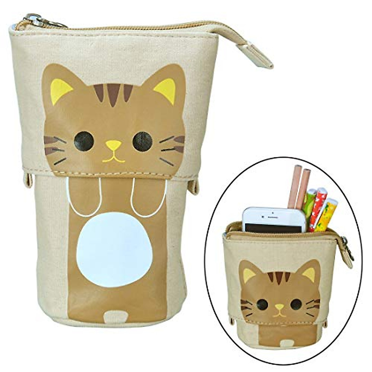 Oyachic Telescopic Pencil Holder Cat Pen Case Stand UP Cosmetics Organizer Pouch Zipper Box Bag with Inner Pocket