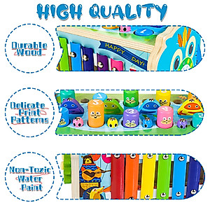 WOODMAM Montessori Toys for 1 Year Old, 7-in-1 Wooden Hammering Pounding Toy with Xylophone and Magnetic Fishing Game, Educational Gift for Boys and Girls 1 Year Old