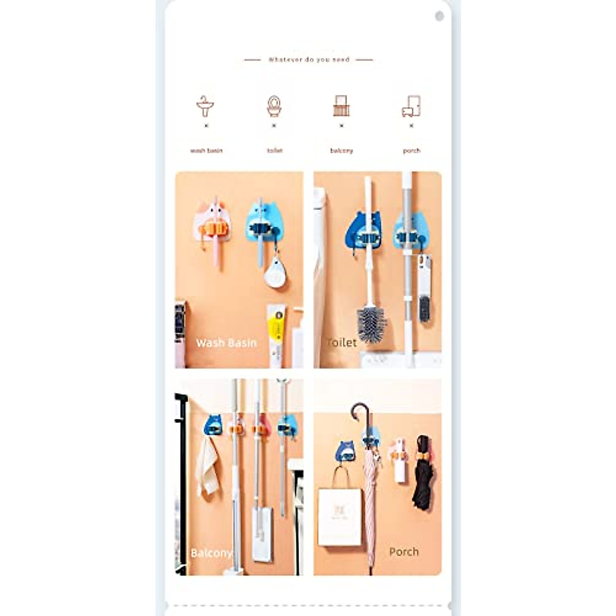 2- Pack Mop and Broom Holder Wall Mount with 1 Hook, Self Adhesive No Drilling Mop Hanger , Tool Organizer for Garage Orange & Blue CATH Cat Mop and Broom Holder