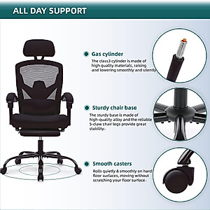 GlasFlength Mesh Ergonomic Office Chair with Foot Rest, Big and Tall Comfy Computer Desk Chair with Adjustable Headrest Backrest, Swivel Executive Desk Chair with Wheels, Black Mesh