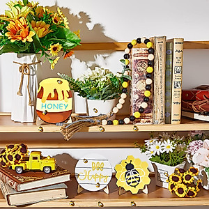 Zhanmai 35 Pieces Bee Tiered Tray Decor, Spring Summer Farmhouse Tiered Tray Decorations Sunflower Honey Bee Tier Tray Farmhouse Mini Wood Decor Bee Sign Decor for House Table Decor Birthday Party