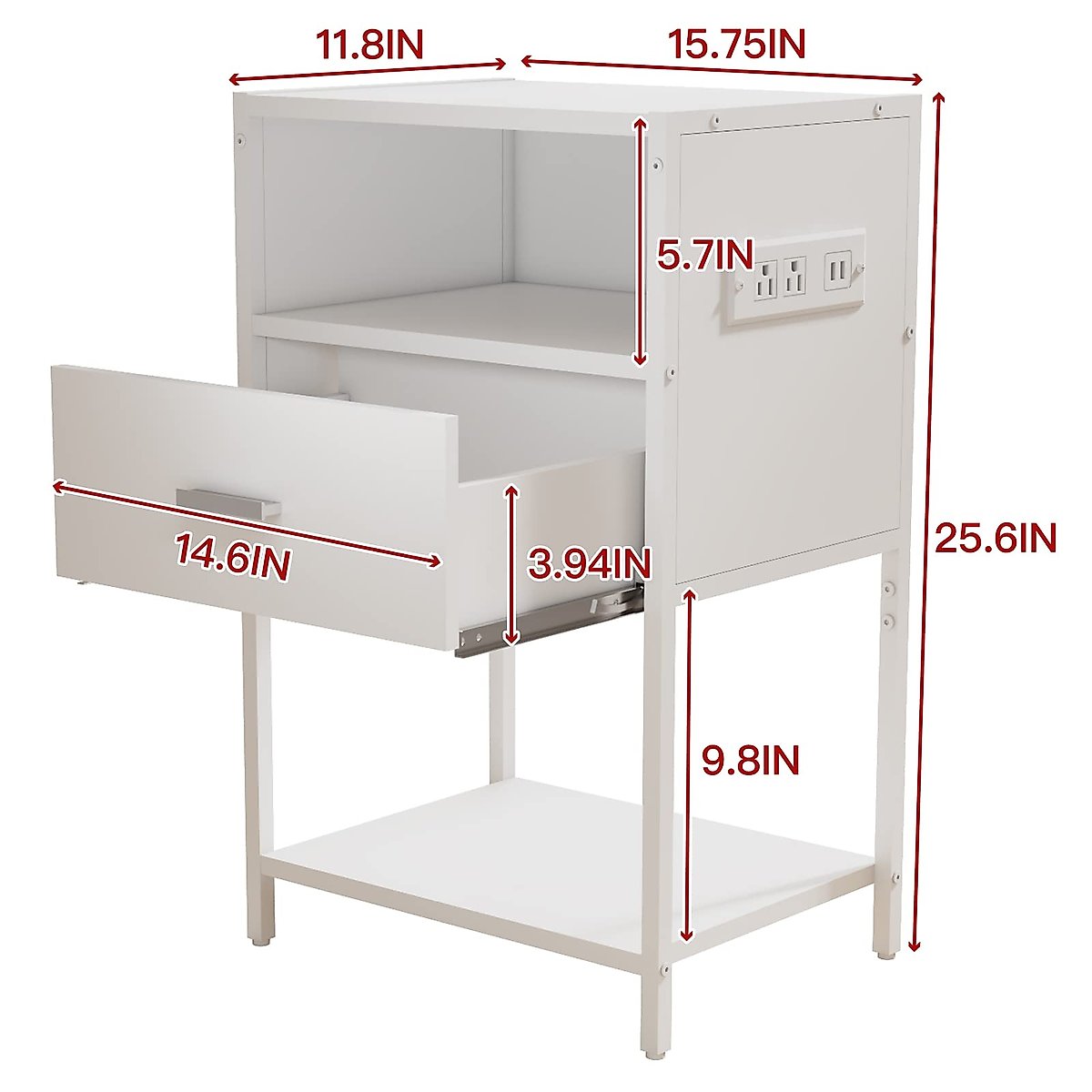LDTTCUK Nightstand with Charging Station, Modern End Table with Drawer, White Bedside Table with Open Storage for Bedroom
