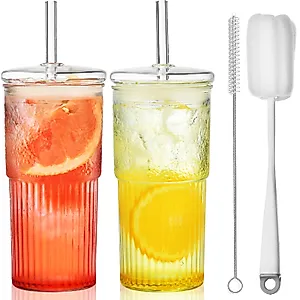 ALINK Glass Cups with Glass Lids and Straws, 22 oz High Borosilicate Clear Iced Coffee Glass Tumblers, Drinking Glass Smoothie Tea Water Cups, Pack of 2 with Cleaning Brush