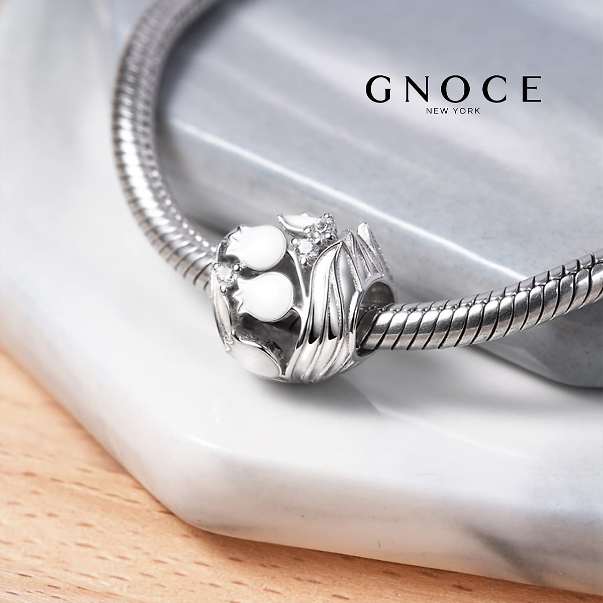 GNOCE Lily of the Valley Charm Bead 925 Sterling Silver Jewelry Gift For Women Wife Fit Snake Chain Bracelets/Necklace