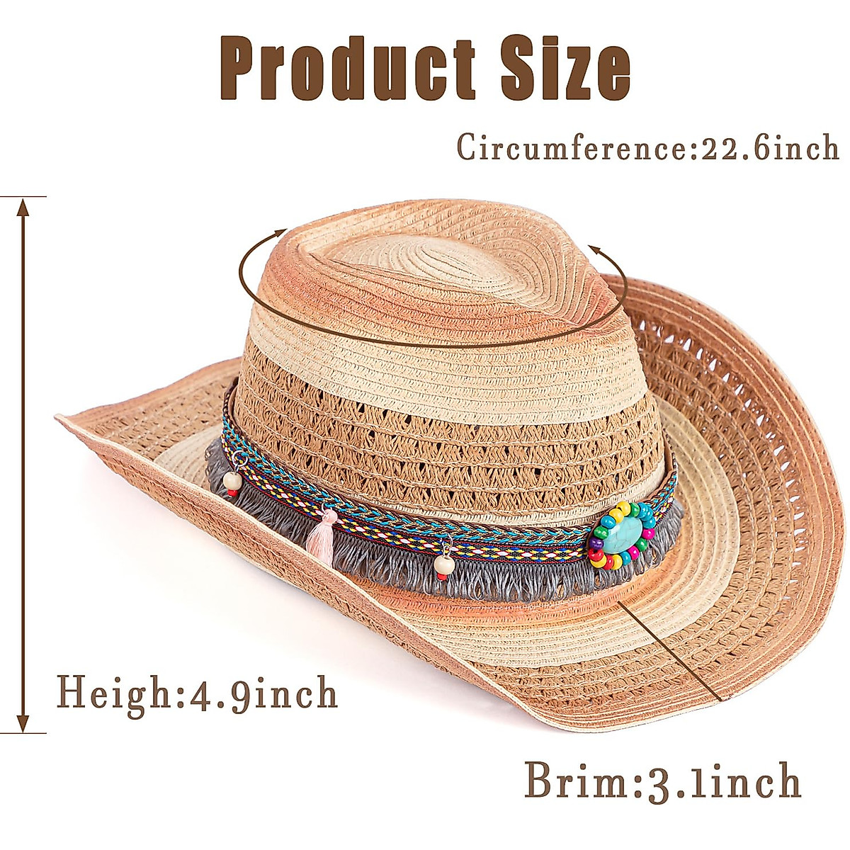 Cowboy Cowgirl Straw Hat with Bands for Women - Western with Wide Brim for Coastal Sun Beach Summer Ivory