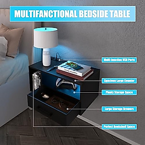Bloddream Floating Nightstand with Charging Station and LED Light Strips, 21.3" Night Stand with Drawers, Floating Bedside with USB Ports and Outlets, Bedroom Furniture, Black