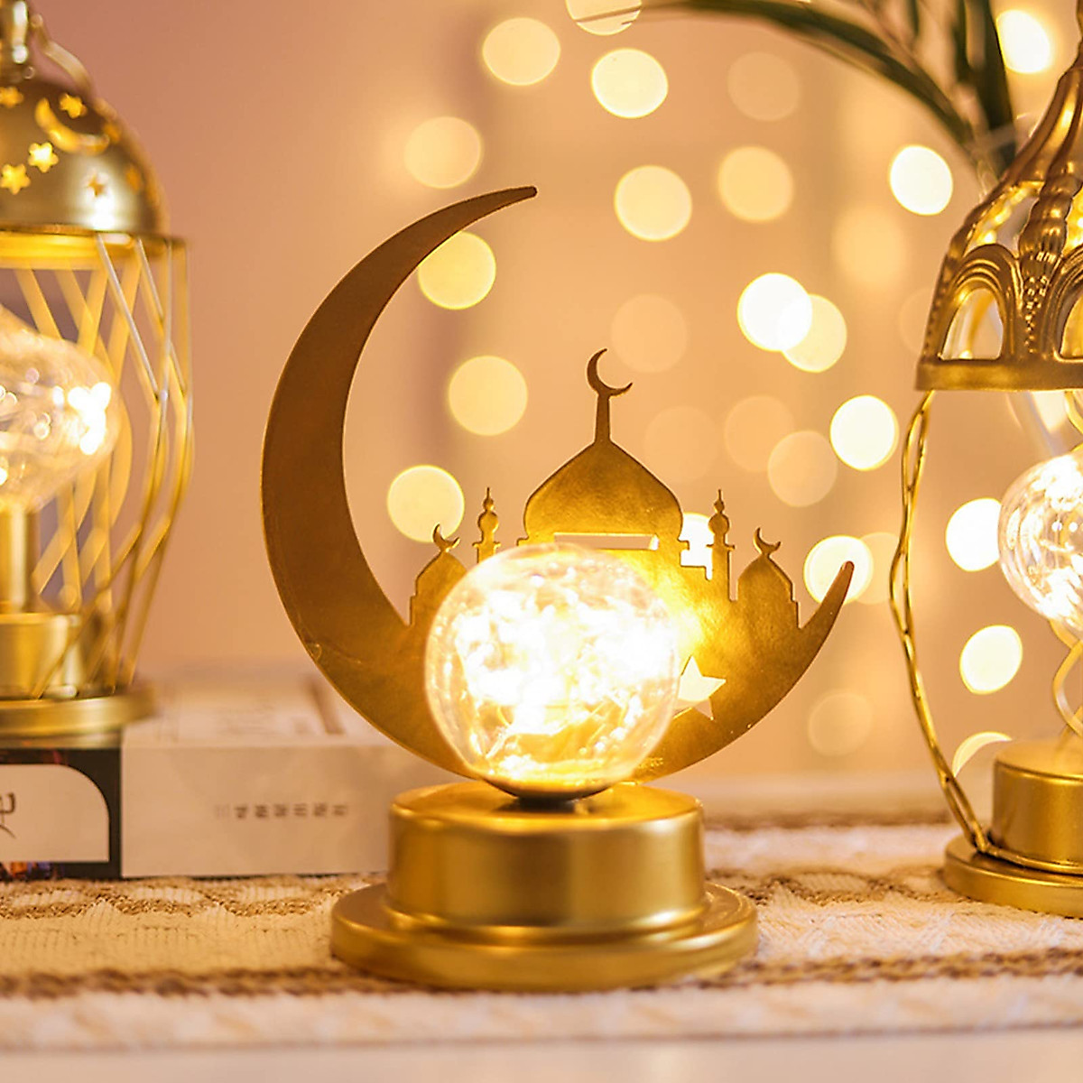 UPQRSG LED Desk Decorative Light, Magical Moon Night Light, Desktop Night Lamp, Moon Styling Iron Art Hollowed Out Supplies, Cordless Lamp for Home Bedroom Wedding PartyPalace