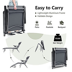 COSTWAY Patio Folding Aluminum Lounge Chair Chaise Adjustable Back Armrest Headrest