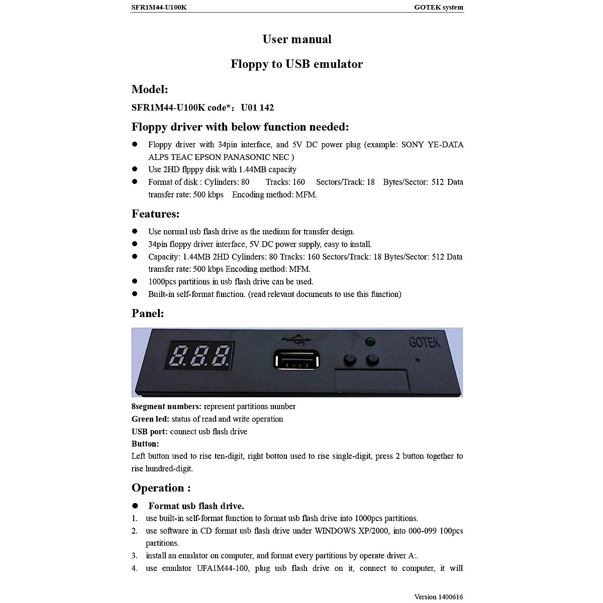 GoTEK SFR1M44-U100 3.5 Inch 1.44MB USB SSD Floppy Drive Emulator Black