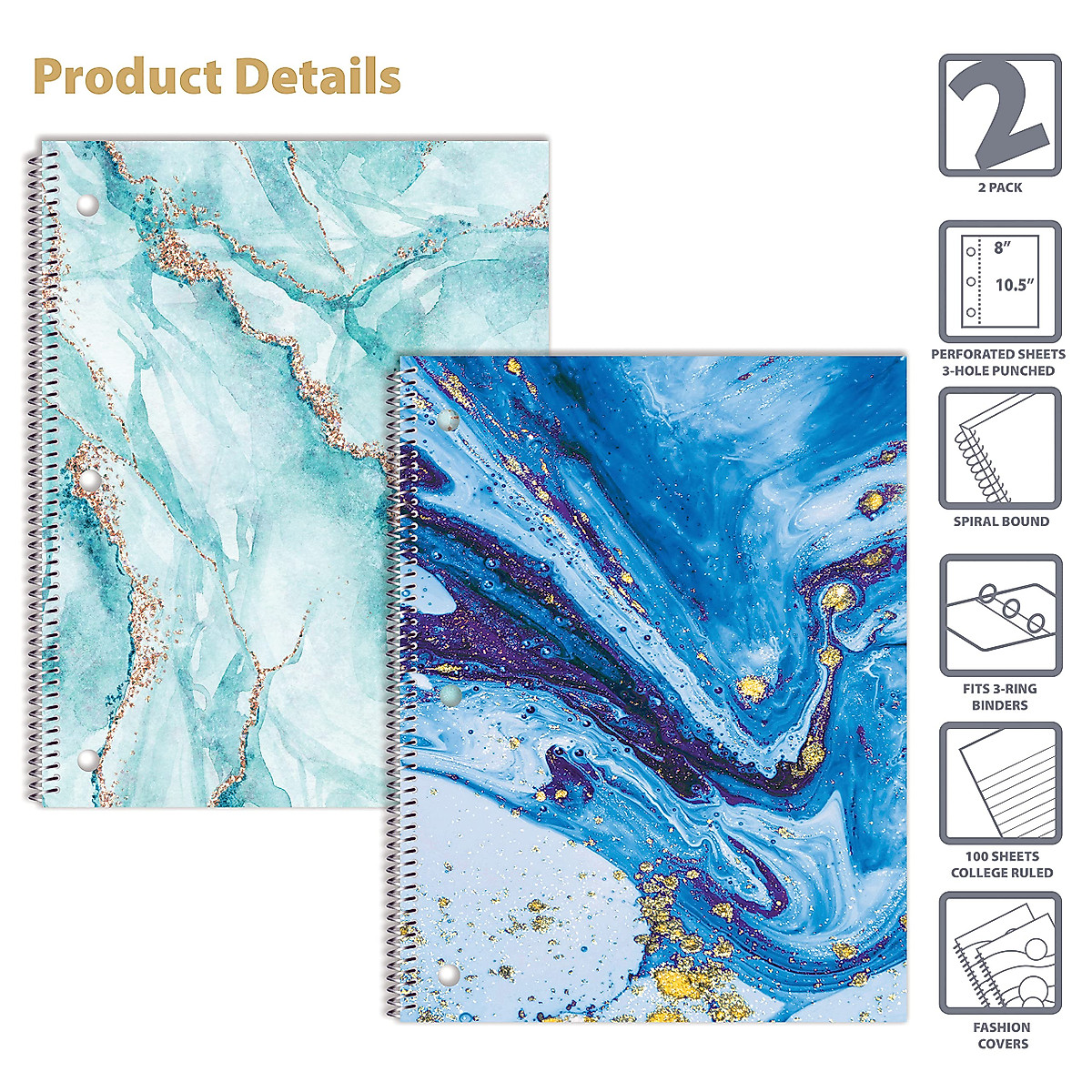 Better Office Products Marble Design Spiral Notebooks, 2 Pack, College Rule, 100 Sheet, 10.5 x 8 inches, Abstract Marble Fashion Design Covers, 2 Pack