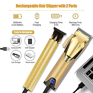 COSYONALL Hair Clippers Men, Beard Trimmer Professional Cordless Stainless Steel Electric Shaver 6000RPM with LED Display and 2500mAh/1200mAh Rechargeable Battery Ceramic Blade for Adult Child